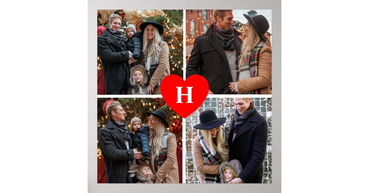 Personalized 4 Photo Collage Red Heart Monogrammed Poster | Zazzle