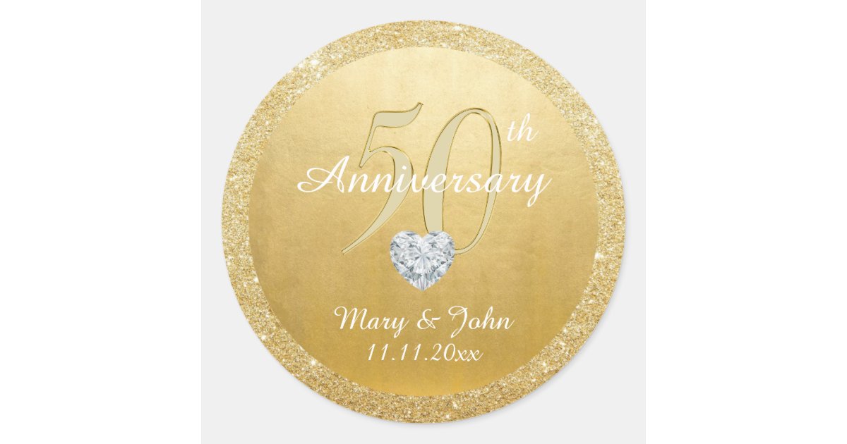 Personalized 50th Anniversary Wedding Gold Glitter Classic Round ...