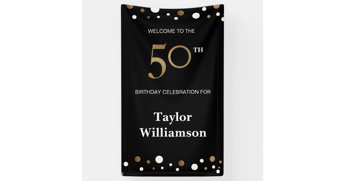 Personalized 50th Birthday Gold and black confetti Banner | Zazzle
