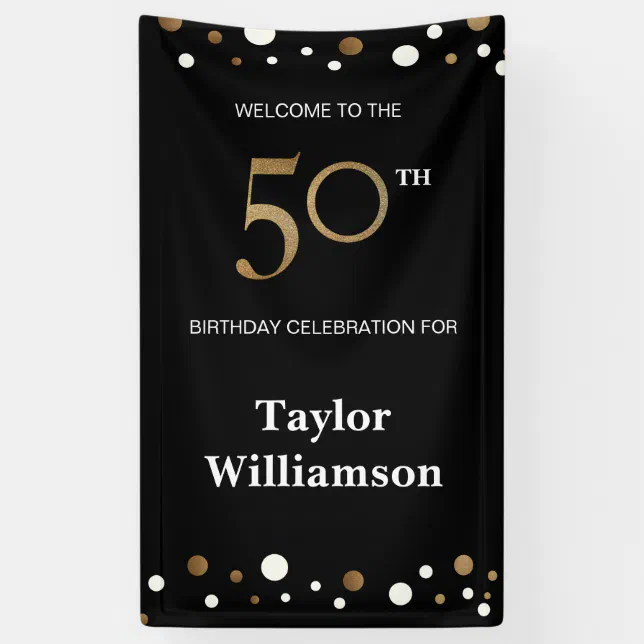 Personalized 50th Birthday Gold and black confetti Banner | Zazzle
