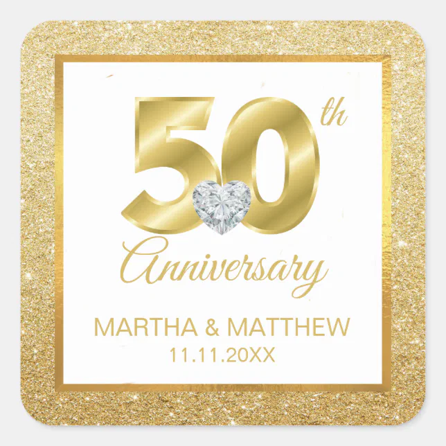 Personalized 50th Gold Wedding Anniversary Square Sticker | Zazzle