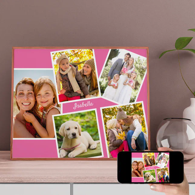 Personalized 5 Photo Collage Pink Poster | Zazzle