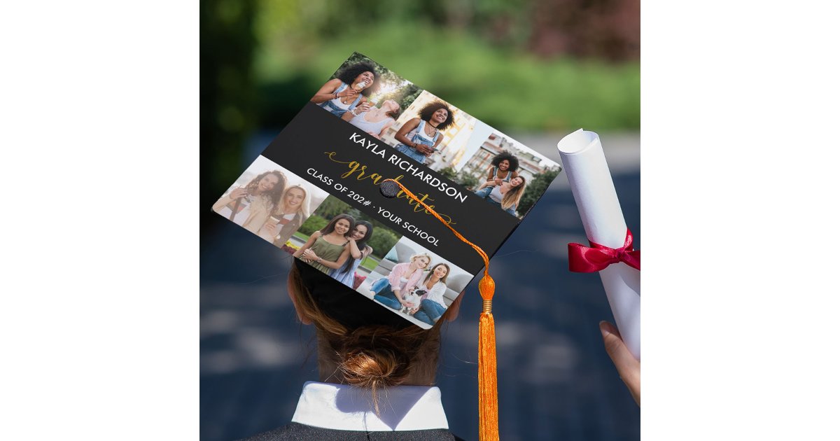 Personalized 6 Photo Collage Gold Graduate Graduation Cap Topper | Zazzle
