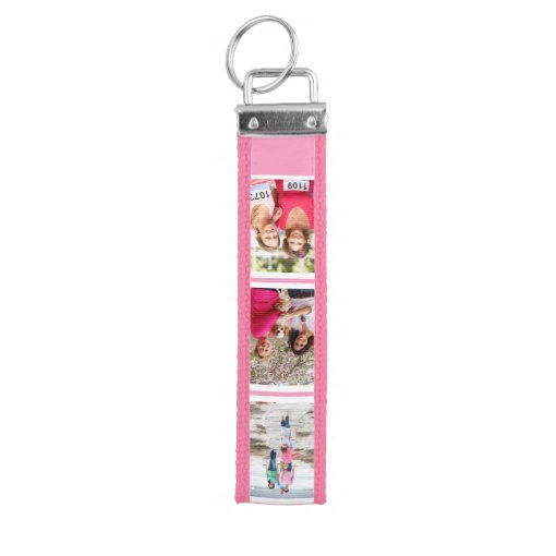 Personalized 6 Photo Collage Pink Stripe Wrist Keychain | Zazzle