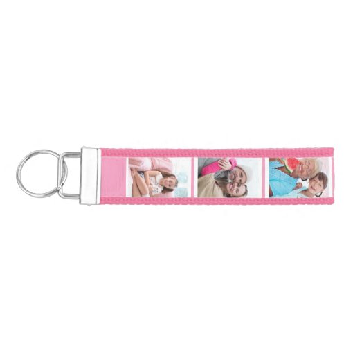 Personalized 6 Photo Collage Pink Stripe Wrist Keychain | Zazzle