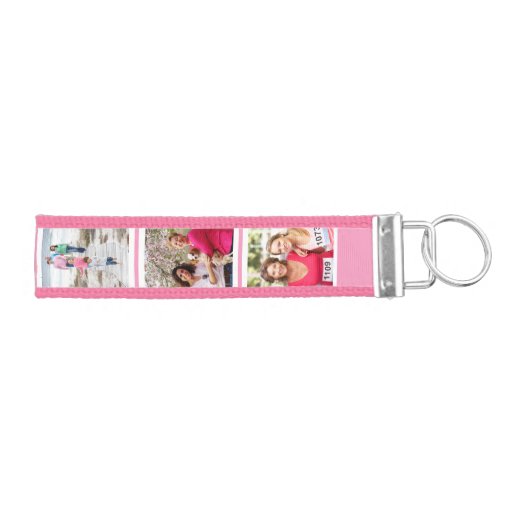 Personalized 6 Photo Collage Pink Stripe Wrist Keychain | Zazzle