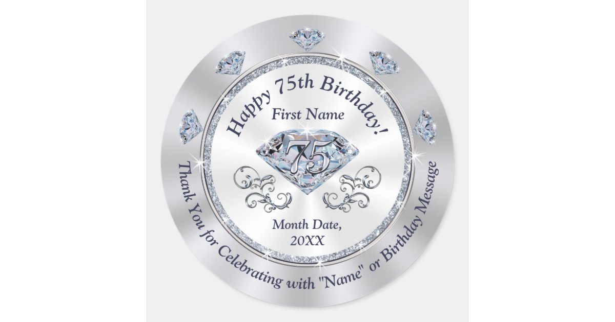 Personalized, 75th Birthday Stickers, for Favors, Classic Round Sticker ...