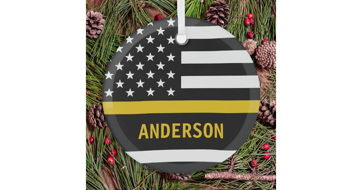 Personalized 911 Dispatcher Thin Gold Line USAFlag Glass Ornament | Zazzle