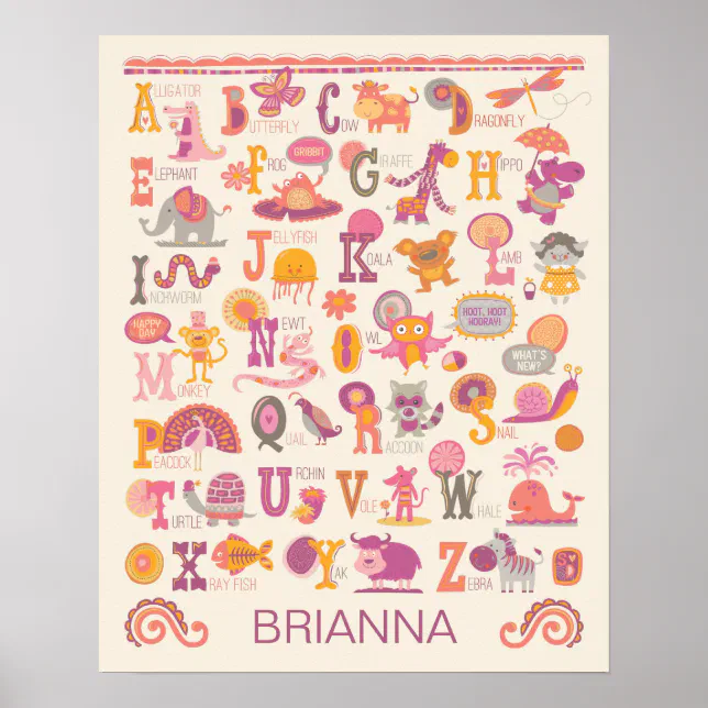 Personalized ABC Animal Alphabet Girl Poster | Zazzle