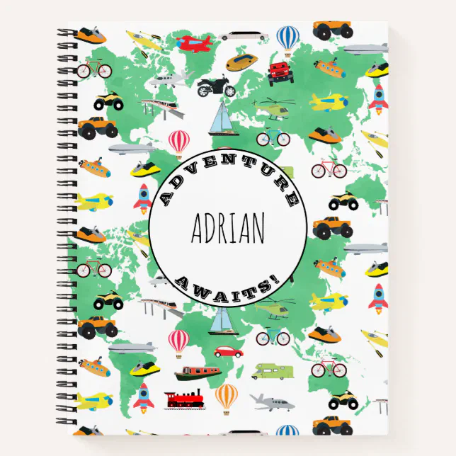 Personalized Adventure Awaits World Map Vehicles Notebook | Zazzle