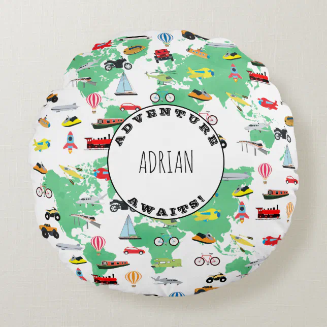 Personalized Adventure Awaits World Map Vehicles Round Pillow | Zazzle