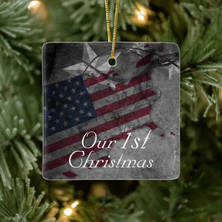 Personalized American Flag Our 1st Christmas Ceramic Ornament | Zazzle