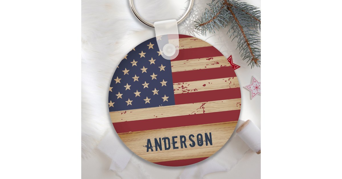 Personalized American Flag Rustic Wood Patriotic Keychain | Zazzle