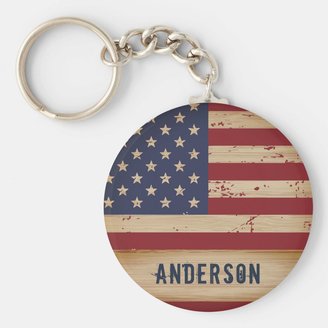 Personalized American Flag Rustic Wood Patriotic Keychain | Zazzle