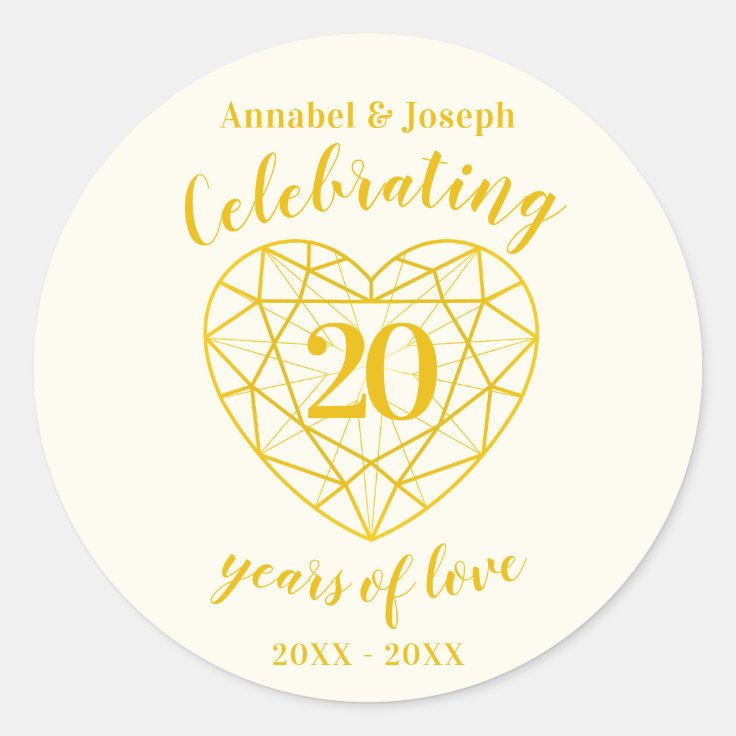 Personalized anniversary 20 years golden diamond classic round sticker ...