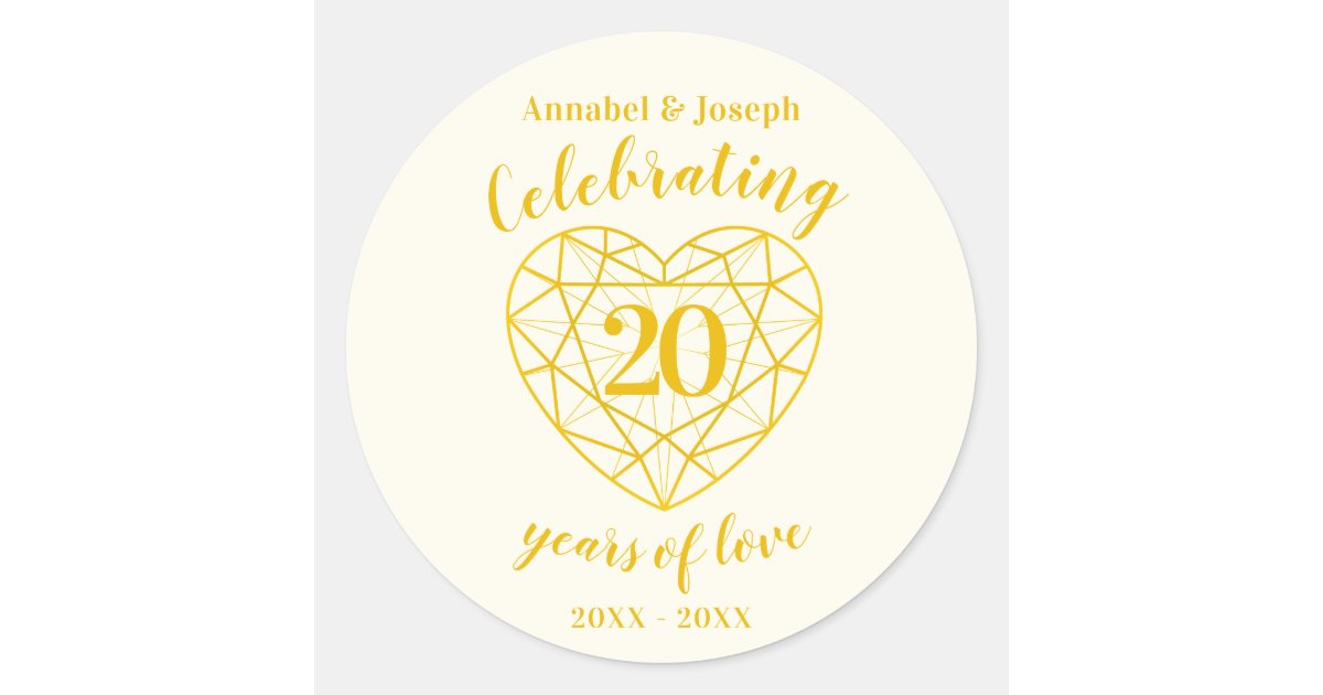 Personalized anniversary 20 years golden diamond classic round sticker ...