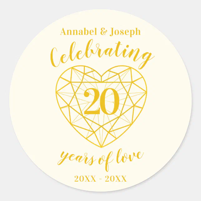 Personalized anniversary 20 years golden diamond classic round sticker ...