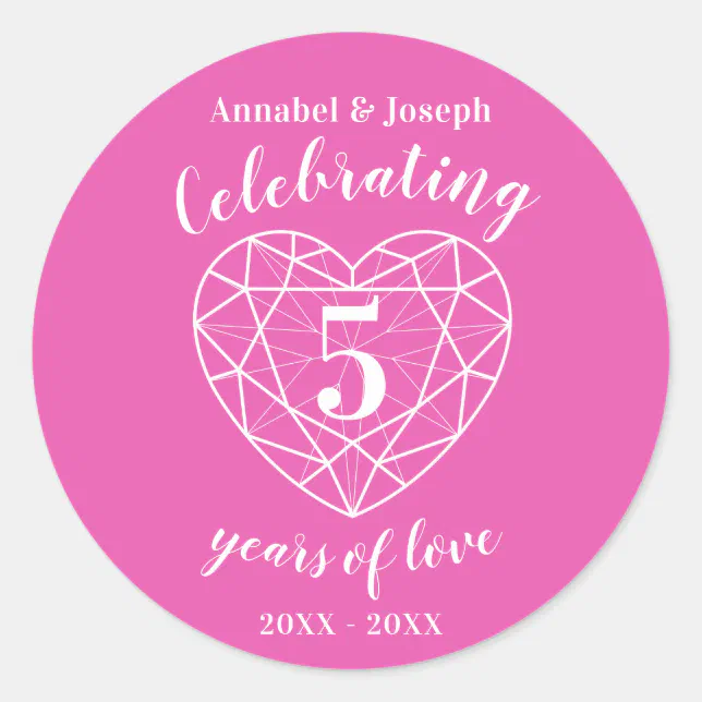 Personalized anniversary 5 years pink tourmaline classic round sticker ...