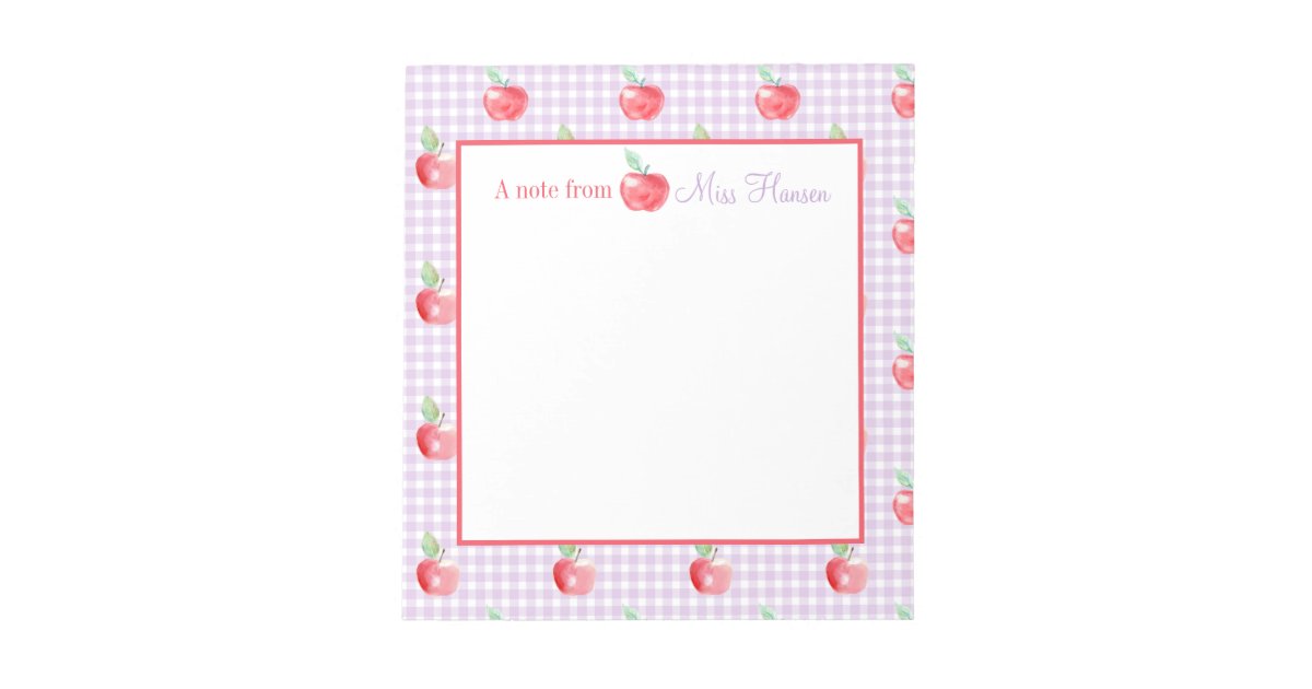 Personalized Apple Lavender Gingham Teacher Notepad | Zazzle