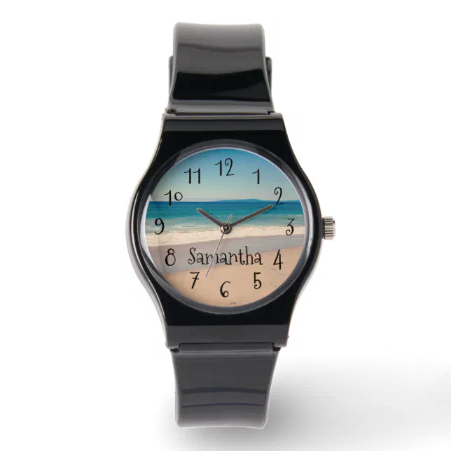 Personalized Aqua Beach Scene Photo Black Text Watch | Zazzle
