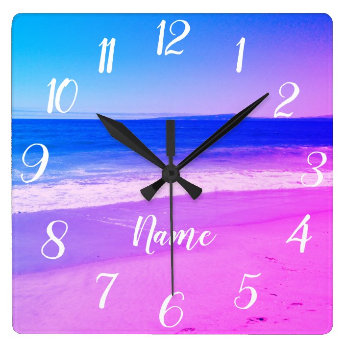 Personalized Aqua Pink Ombre Beach Scene Square Wall Clock | Zazzle.com