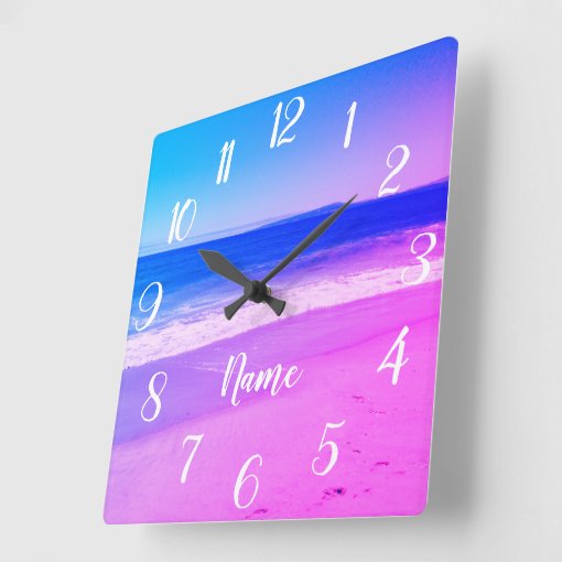 Personalized Aqua Pink Ombre Beach Scene Square Wall Clock | Zazzle