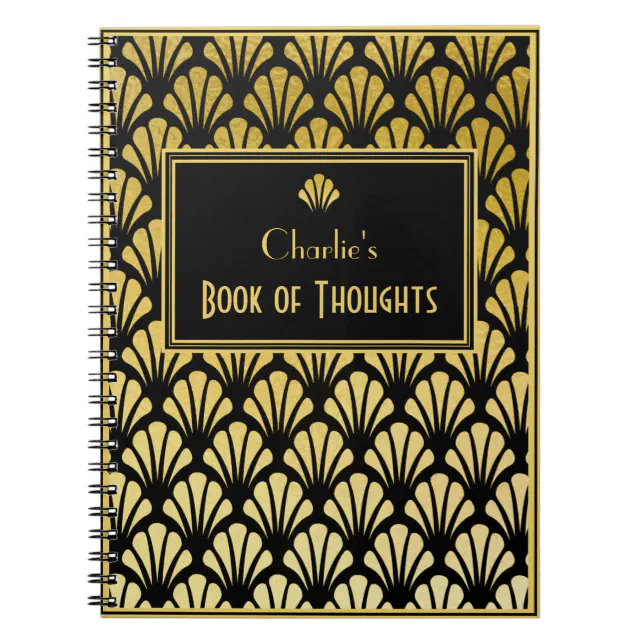 Personalized Art Deco Fan Pattern Black Gold Foil Notebook | Zazzle