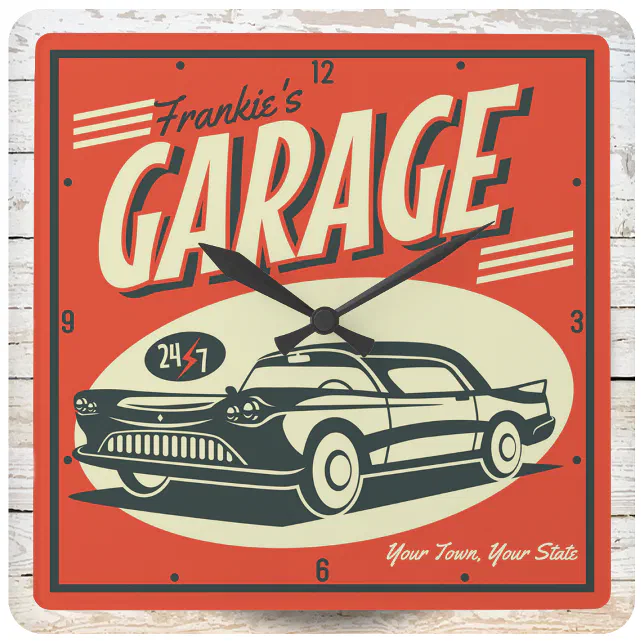 Personalized Auto Mechanic Shop Classic Car Garage Square Wall Clock ...