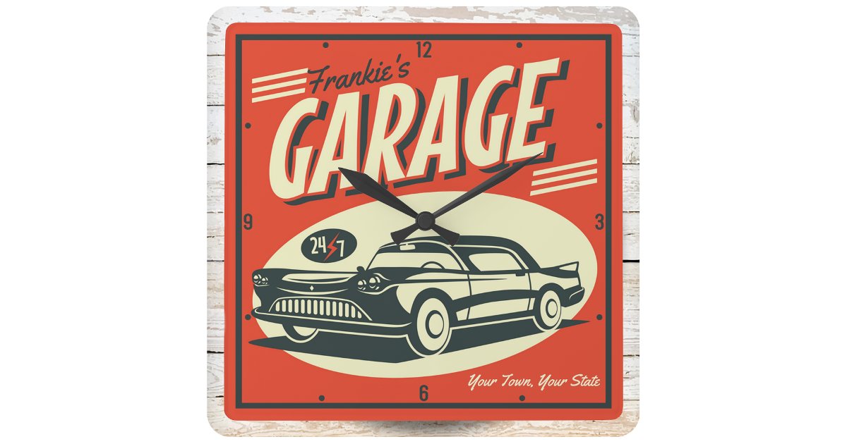 Personalized Auto Mechanic Shop Classic Car Garage Square Wall Clock ...