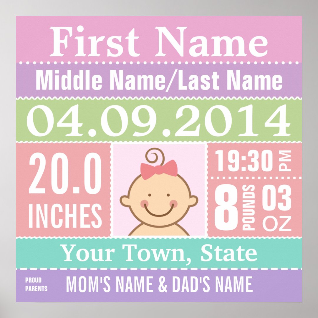 Personalized Baby Girl Birth Stats Poster | Zazzle