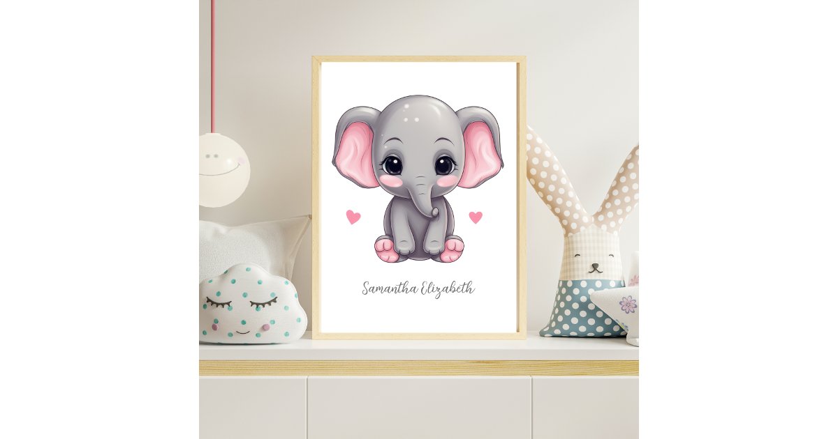 Personalized Baby Girl Nursery Pink Gray Elephant Poster | Zazzle