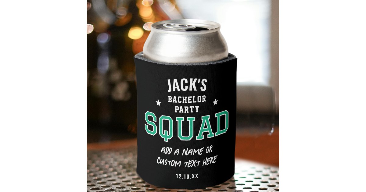 Personalized Bachelor Party Squad Green Black Can Cooler | Zazzle