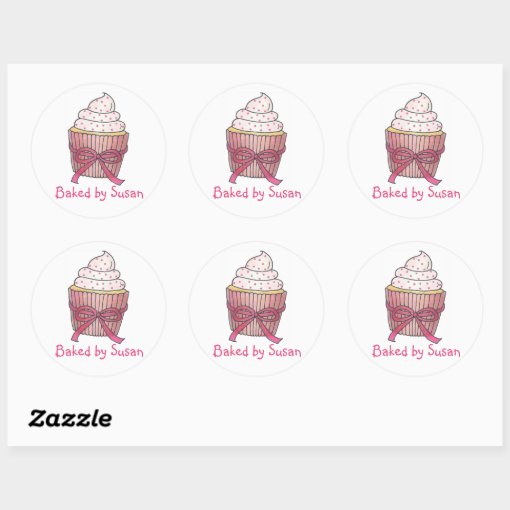 Personalized Baked By Baking Pink Cupcake Cake Classic Round Sticker ...