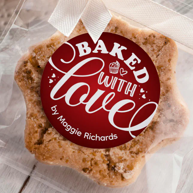 Personalized Baked With Love Holiday Red Baking Classic Round Sticker ...