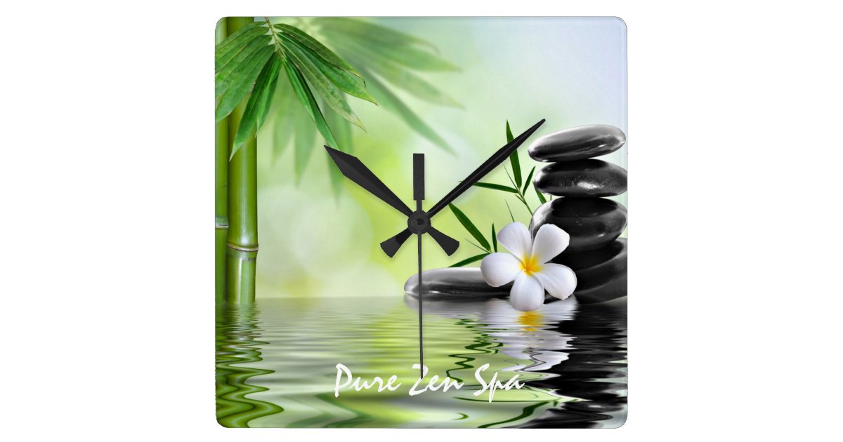 Personalized Bamboo Zen Stones Water Plumeria Square Wall Clock | Zazzle