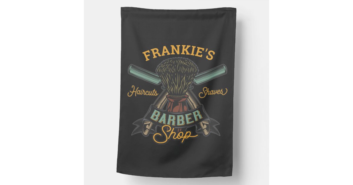 Personalized Barber Shop Retro Haircuts Shaves House Flag | Zazzle