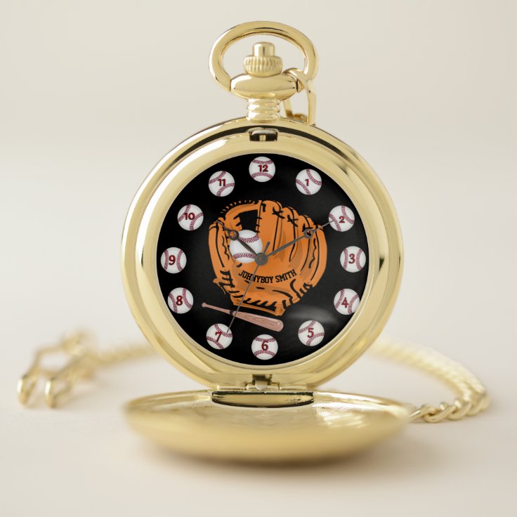 Personalized baseball gold pocket watch | Zazzle