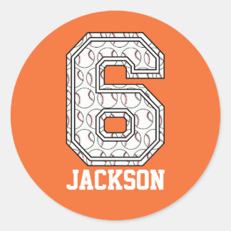 Personalized Baseball Number 6 Round Sticker