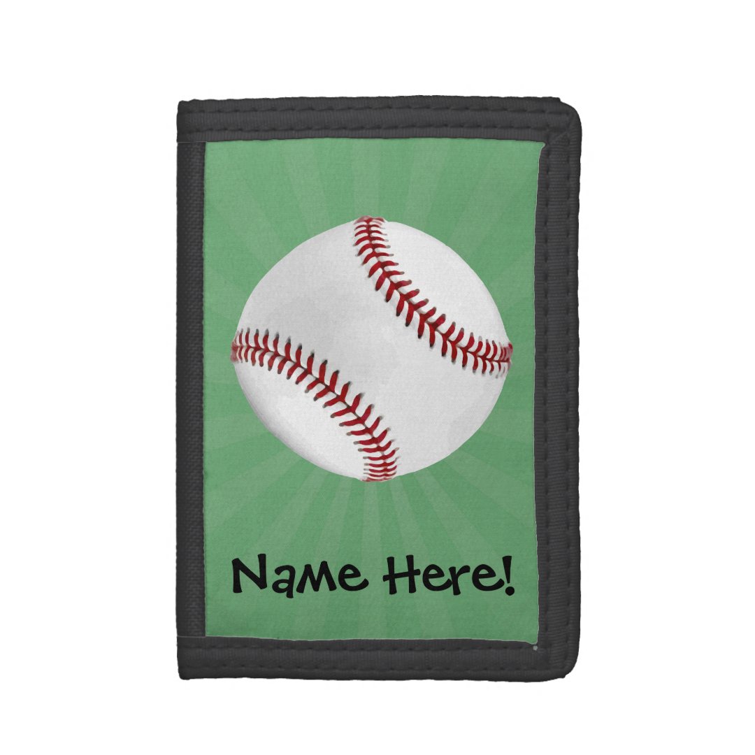 Personalized Baseball on Green Kids Boys Tri-fold Wallet | Zazzle