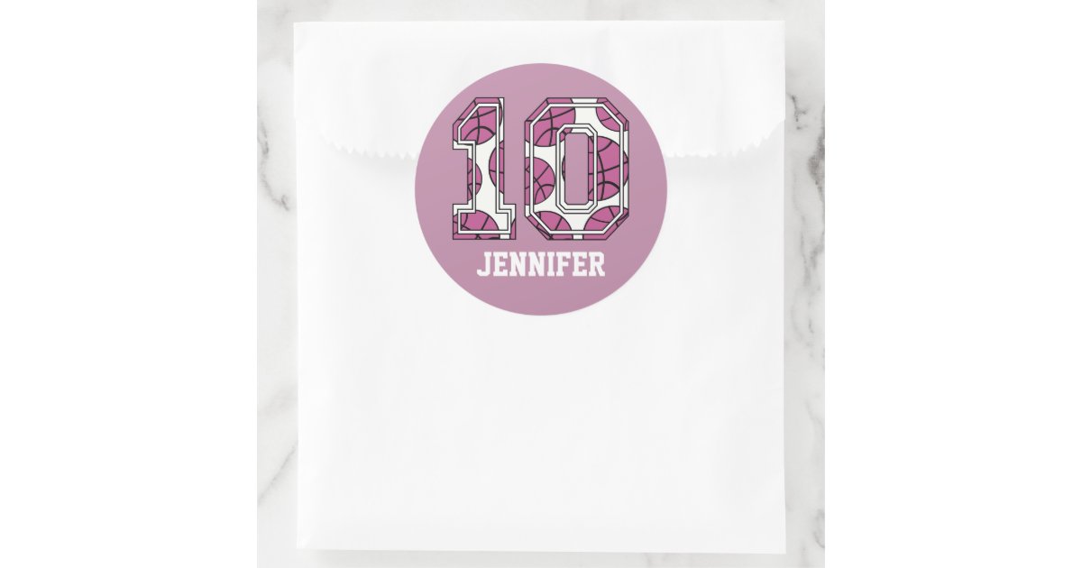 Personalized Basketball Number 10 Pink and White Classic Round Sticker ...