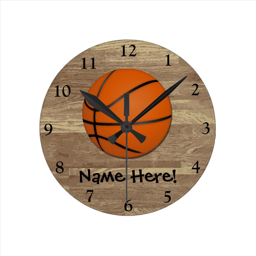 Personalized Basketball Wood Floor Round Clock | Zazzle