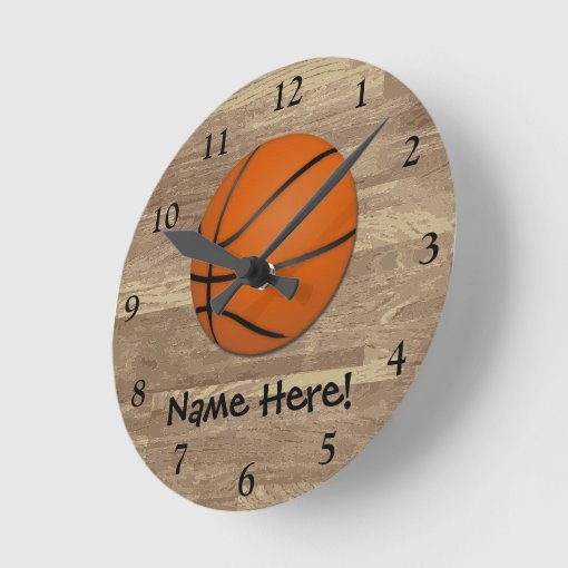 Personalized Basketball Wood Floor Round Clock | Zazzle