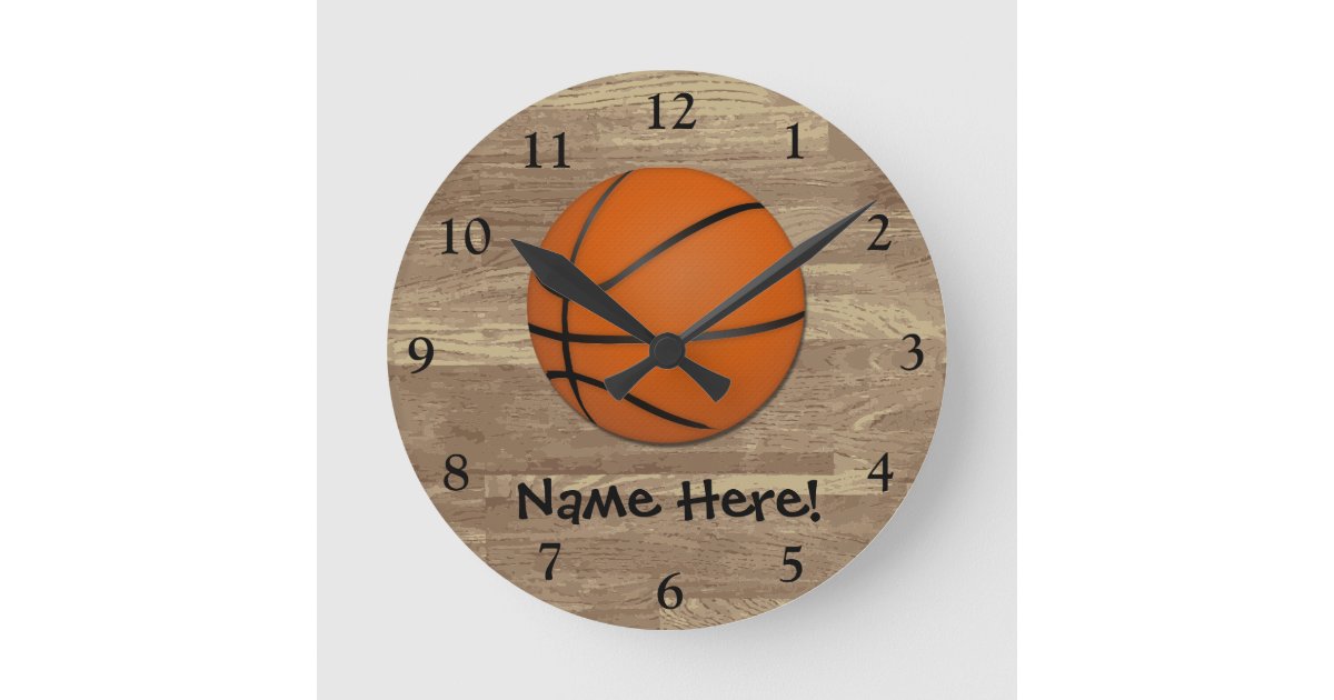 Personalized Basketball Wood Floor Round Clock | Zazzle