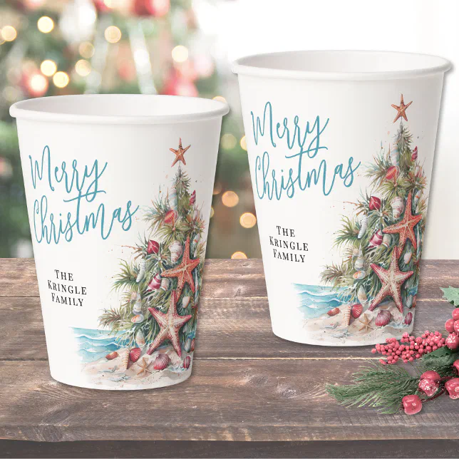 Personalized Beach Christmas Paper Cups | Zazzle