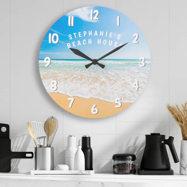 Personalized Beach House Tropical Beach Scene Large Clock | Zazzle