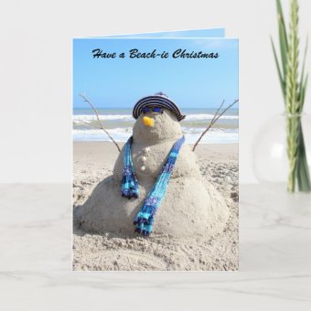 Personalized Beach Snowman Sand Sculpture Holiday Card | Zazzle