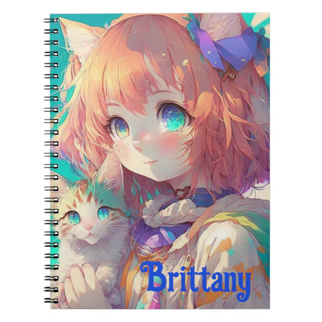 Personalized Beautiful Anime Girl with Cute Kitten Notebook | Zazzle