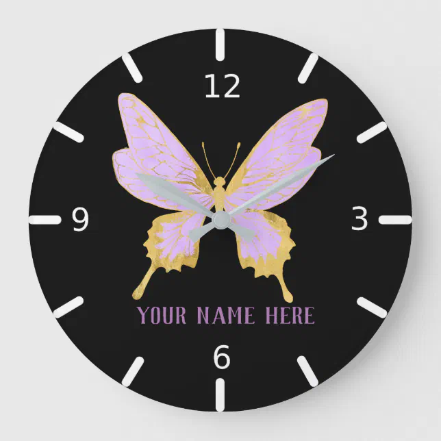 Personalized Beautiful Purple & Gold Butterfly Large Clock | Zazzle