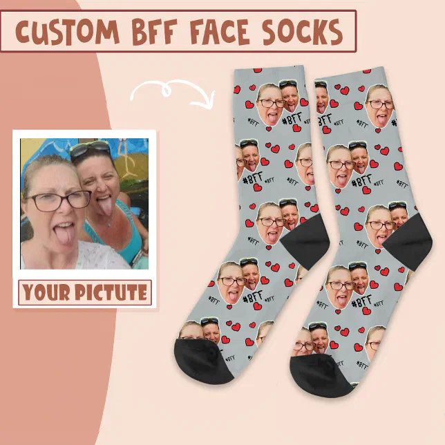 Personalized Best Friends Photo - Face on Grey Socks | Zazzle