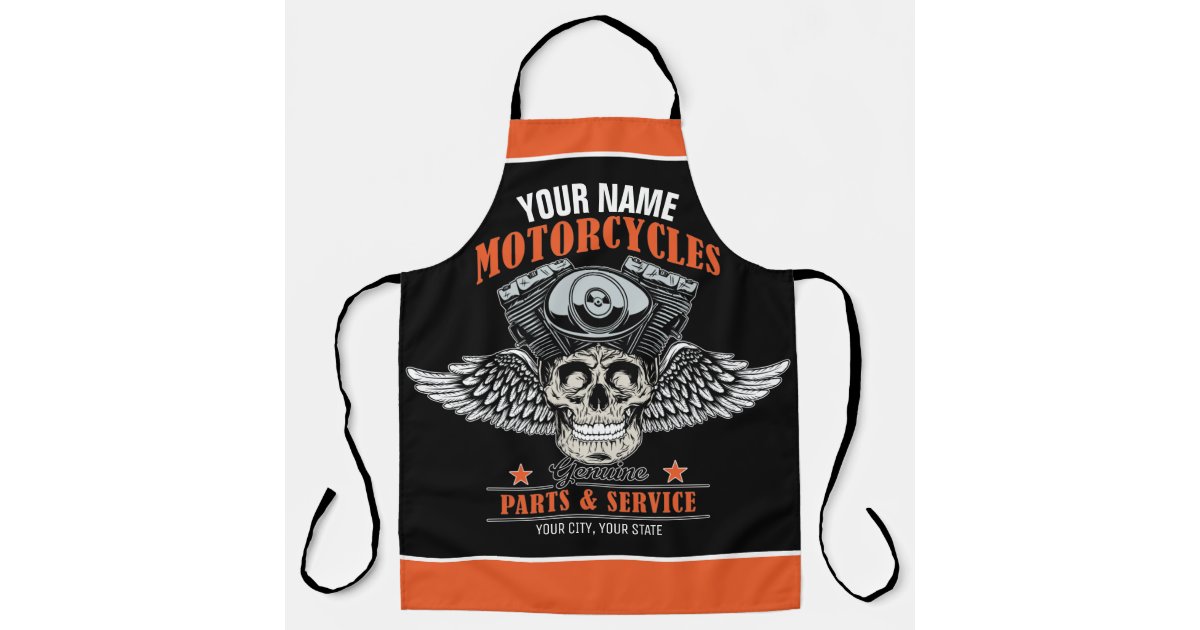 Personalized Biker Flying Skull Motorcycle Shop Apron | Zazzle